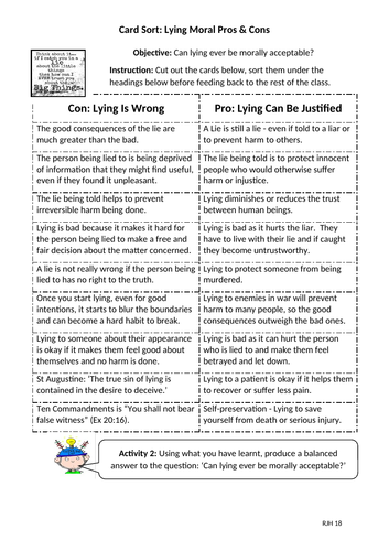 Cards Sort: Ethics - Lying | Teaching Resources
