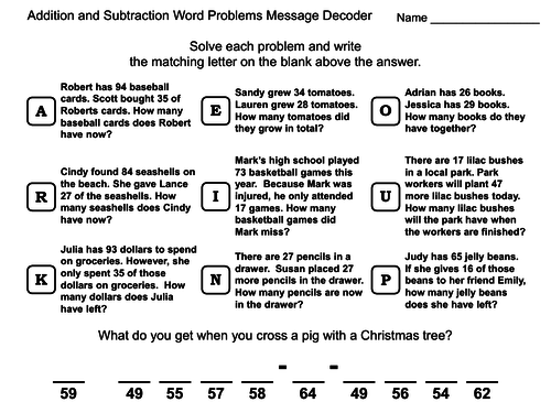 Addition and Subtraction Word Problems with Regrouping: Math Message ...