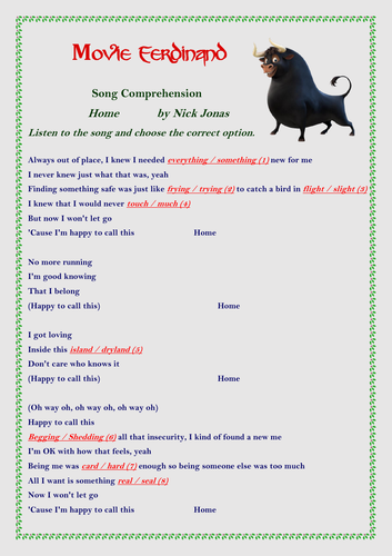 Movie Ferdinand Song Comprehension 'Home' by Nick Jonas Worksheets with ...