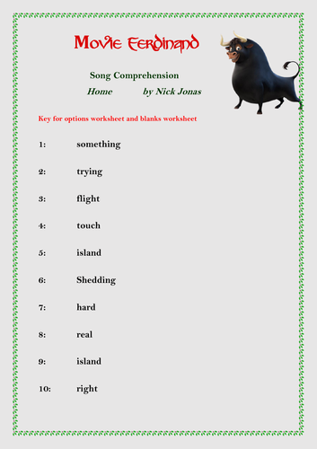 Movie Ferdinand Song Comprehension 'Home' by Nick Jonas Worksheets with ...