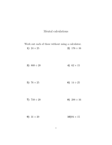 Mental calculations worksheet no 2 (with solutions) | Teaching Resources