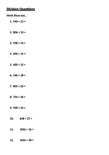 Division Questions Worksheet - ANSWERS INCLUDED | Teaching Resources