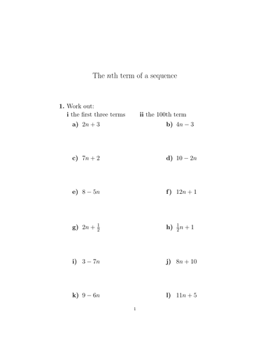 The nth term of a sequence worksheet no 2 (with solutions) | Teaching ...