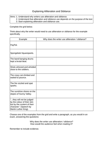 Alliteration Sibilance Worksheets Language Analysis Explaining GCSE ...