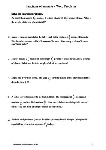 Fractions of amounts Word problems | Teaching Resources