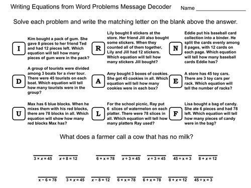Writing Equations from Word Problems Worksheet: Math Message Decoder ...