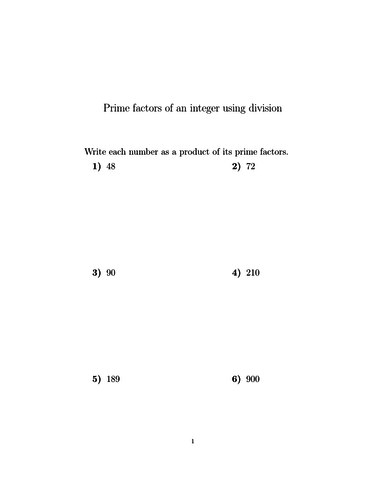Prime factors of an integer using division worksheet (with solutions ...