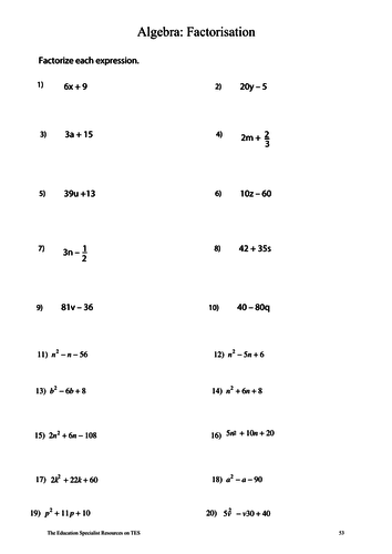 Gcse Maths Worksheet Algebraic Factorisation Teaching Resources