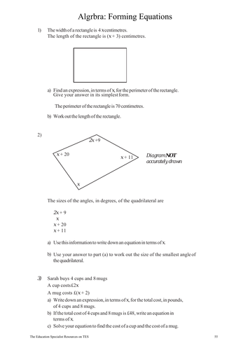 GCSE maths worksheet: forming harder algebraic equations | Teaching ...