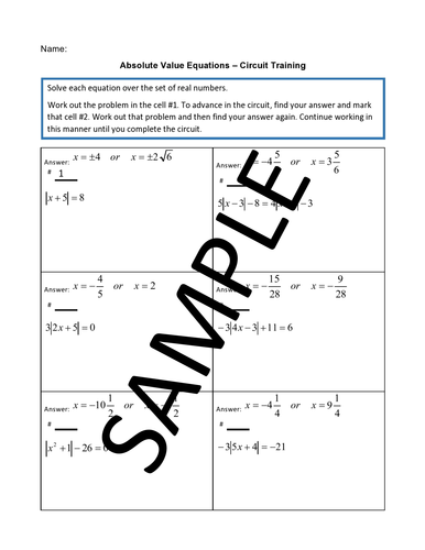 Absolute Value Equations – Circuit Training | Teaching Resources
