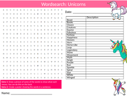 Unicorns Wordsearch Sheet Starter Activity Keywords Cover Animals ...