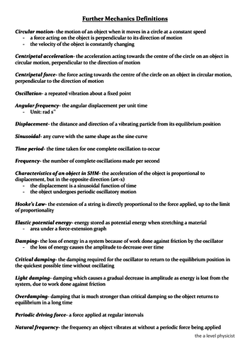 AQA Physics A Level: Further Mechanics Definitions | Teaching Resources