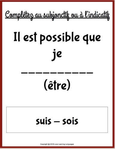French subjunctive or indicative paired activities and worksheet ...