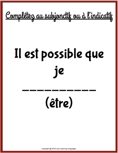French subjunctive or indicative paired activities and worksheet ...