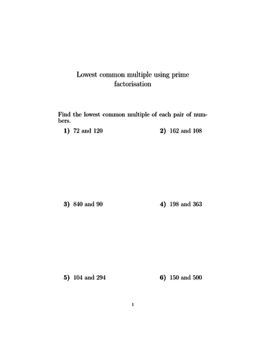 Lowest common multiple using prime factorisation worksheet (with ...