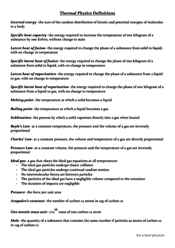AQA Physics A Level: Thermal Physics Definitions | Teaching Resources