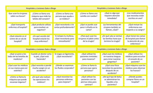 Hospitals and Injuries Spanish Tic-Tac-Toe or Bingo Game | Teaching ...