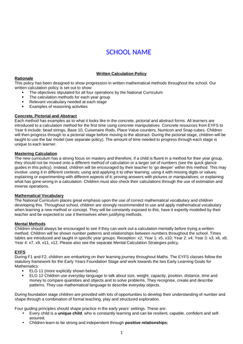 Mathematics Written Calculation policy from EYFS to Year 6, following ...