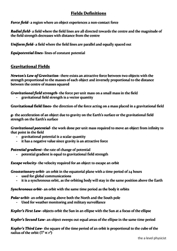AQA Physics A Level: Fields Definitions | Teaching Resources
