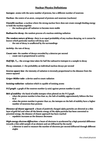 AQA Physics A Level: Nuclear Physics Definitions | Teaching Resources