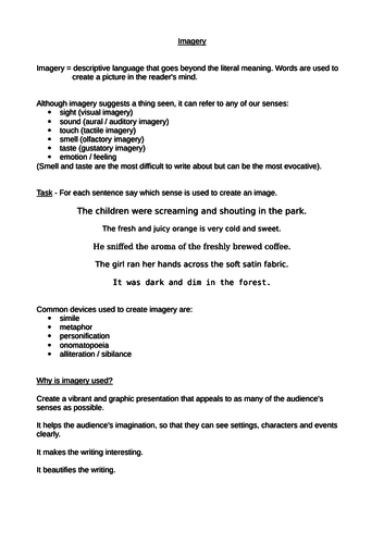 Imagery Worksheets and Info Sheet Language Analysis Explain GCSE ...
