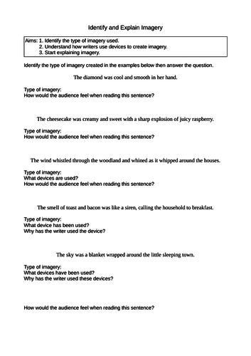 Imagery Worksheets and Info Sheet Language Analysis Explain GCSE ...