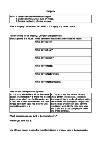 Imagery Worksheets and Info Sheet Language Analysis Explain GCSE ...