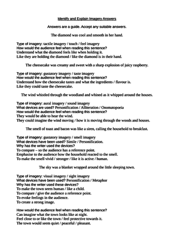 Imagery Worksheets and Info Sheet Language Analysis Explain GCSE ...
