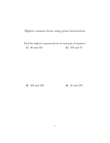 Highest common factor using prime factorisation worksheet (with ...