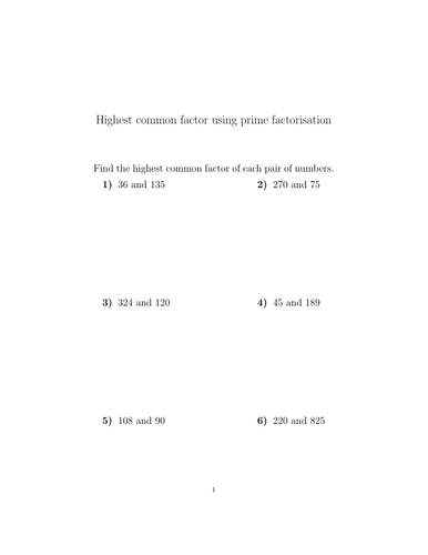 Highest common factor using prime factorisation worksheet (with ...
