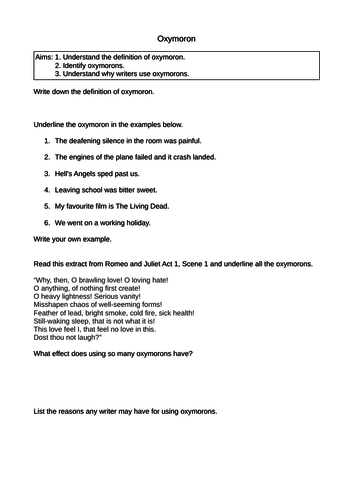 Juxtaposition Oxymoron Info Worksheets Language Analysis Explain GCSE ...