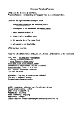 Juxtaposition Oxymoron Info Worksheets Language Analysis Explain GCSE ...