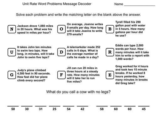 Unit Rate Word Problems: Math Message Decoder | Teaching Resources
