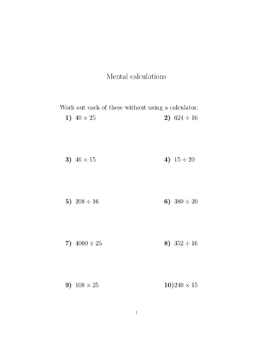 Mental calculations worksheet no 3 (with solutions) | Teaching Resources