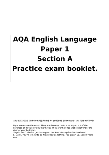 AQA GCSE English Language Paper 1 Section A Practice work booklets ...