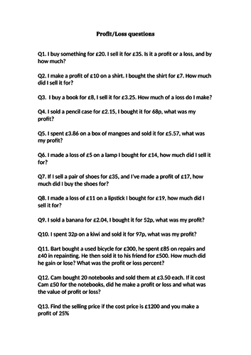 Profit and Loss word questions | Teaching Resources Profit and Loss word questions | Teaching Resources