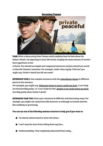 Assessment Task for Private Peaceful | Teaching Resources