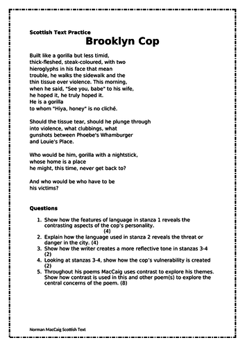 Norman MacCaig Scottish Text - Brooklyn Cop | Teaching Resources