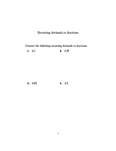 Recurring decimals to fractions worksheet no 3 (with solutions ...