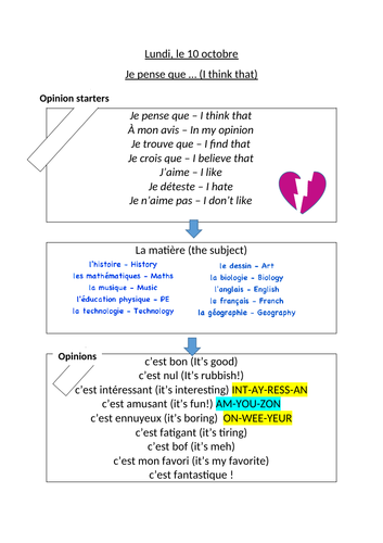 French - Subject opinions, reasons and describing your teacher ...