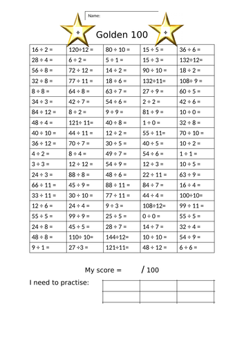 100 multiplication and 100 division questions | Teaching Resources