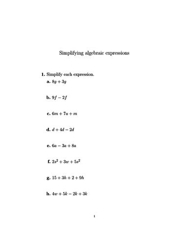 Simplifying algebraic expressions worksheet (with solutions) | Teaching ...