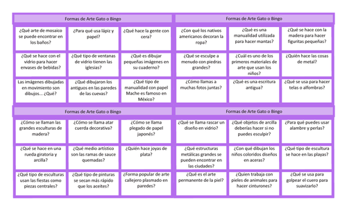 Art Forms Spanish Tic-Tac-Toe or Bingo Game | Teaching Resources