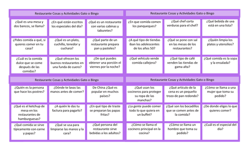 Restaurant Things and Activities Spanish Tic-Tac-Toe or Bingo Game ...