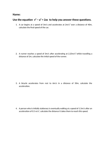 Acceleration and use of v2 - u2 = 2as - Physics GCSE | Teaching Resources