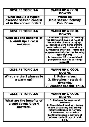 Gcse Pe Warm Ups And Cool Down Revision Cards Edexcel New Spec