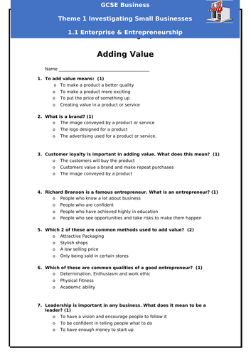 Edexcel GCSE Business 9-1 Theme 1 Topic 1 quizzes | Teaching Resources