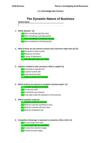 Edexcel GCSE Business 9-1 Theme 1 Topic 1 quizzes | Teaching Resources