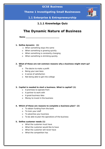 Edexcel GCSE Business 9-1 Theme 1 Topic 1 quizzes | Teaching Resources