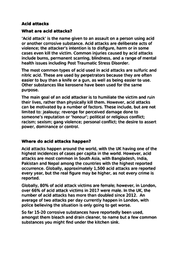 Acid Attacks PSHE | Teaching Resources